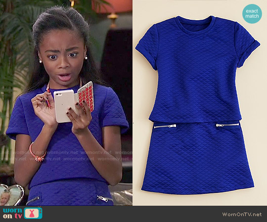 WornOnTV: Zuri’s blue quilted top and skirt set on Jessie | Skai ...