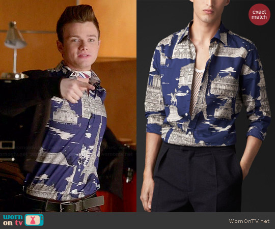 WornOnTV: Kurt’s blue Eiffel Tower print shirt on Glee | Chris Colfer | Clothes and Wardrobe from TV