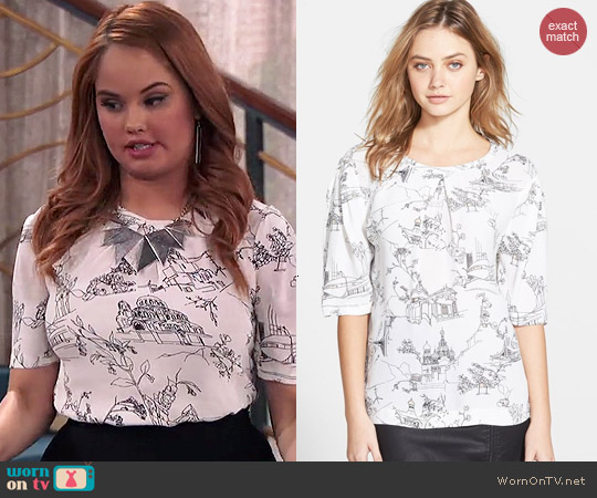 WornOnTV: Jessie’s white illustration print top on Jessie | Debby Ryan ...
