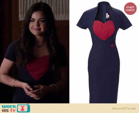 WornOnTV: Aria’s navy blue and red heart colorblock dress and nameplate ...