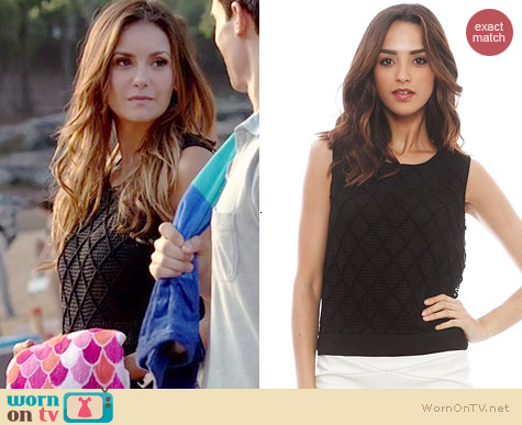 WornOnTV: Elena’s black diamond crochet top and denim shorts on The ...