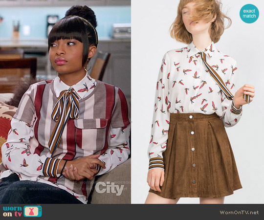 WornOnTV: Zoey’s bird print shirt and striped top on Black-ish | Yara ...